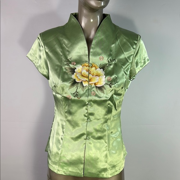Tops | Vintage Asian Traditional Elegant Green Satin Top With Floral ...